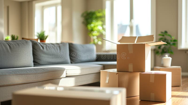 Modern Living Space with Moving Boxes Stock Illustration - Illustration ...