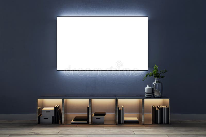 Spacious Living Room with Blank TV Screen Above Modern Storage Cabinets ...