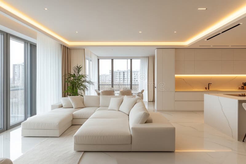 Spacious Living Room Featuring Sleek Design and Natural Light Stock ...