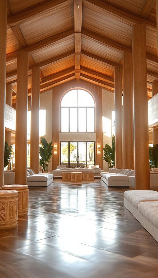 Spacious Living Room Interior with Wooden Columns, Vaulted Ceiling, and ...
