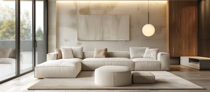 Spacious Living Room with Large White Couch Stock Image - Image of ...