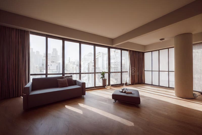 Spacious Living Room with Purple Sofa and Large Windows All Over Wall ...
