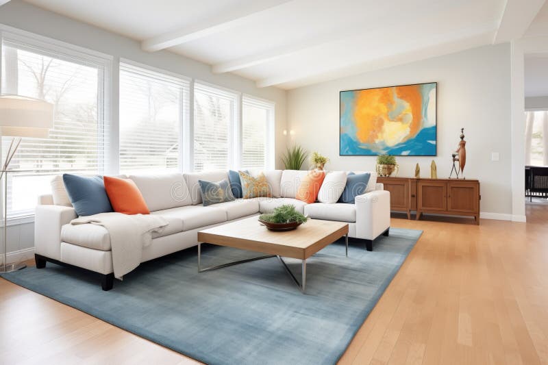 Spacious Living Room with Sectional Sofa and Large Windows Stock Photo ...