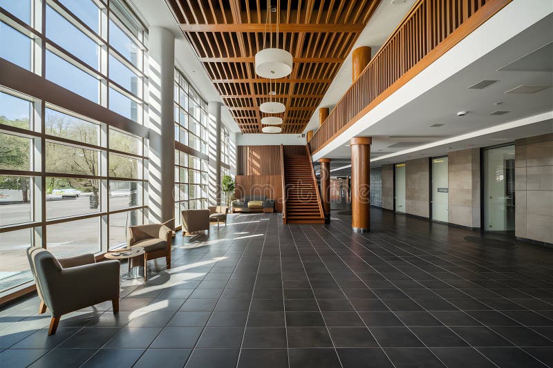 Spacious Lobby with Large Windows, Dark Tile Flooring, Wooden Staircase ...