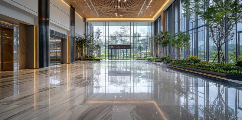 Spacious Lobby Showcases Modern Architecture with Greenery and Natural ...