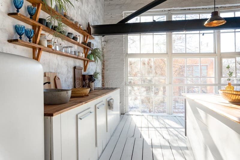 Spacious Loft Industrial Open Space Kitchen Studio Interior with ...