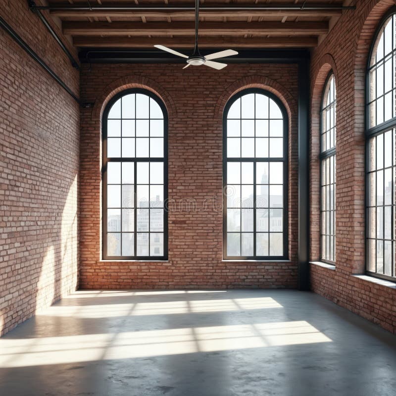 Spacious Loft Interior with Exposed Brick Walls, Large Arched Windows ...