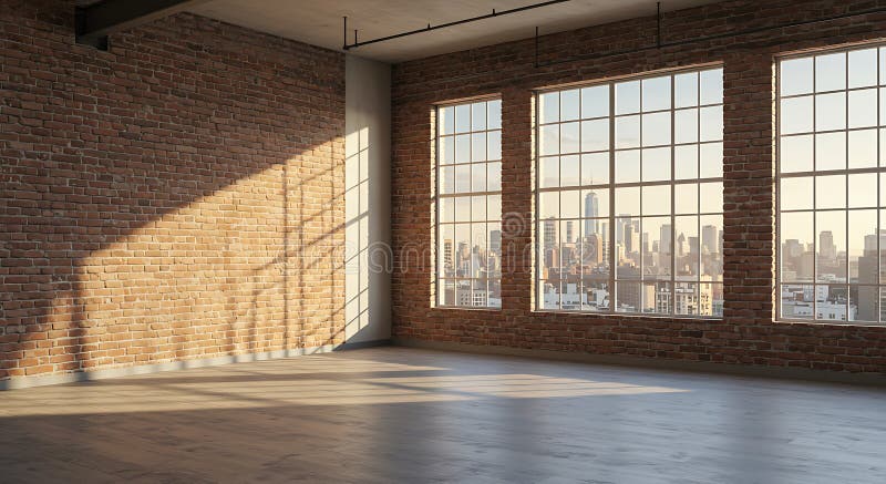 Spacious Loft Interior with Exposed Brick Walls and Large Grid-like ...