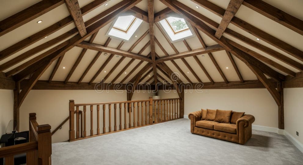 Spacious Loft Interior with Exposed Wooden Beams Stock Illustration ...