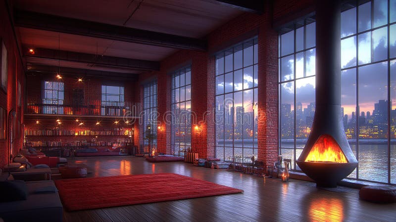 Spacious Loft Interior, Fire Burning, City View, Sunset Stock ...