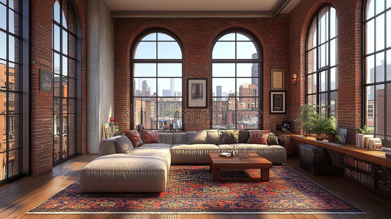 Spacious Loft Living Room with City Views Stock Illustration ...