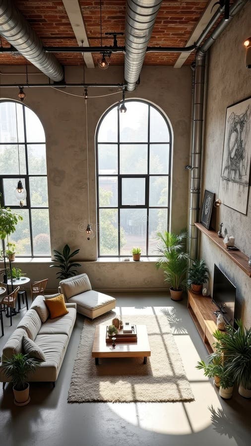 Spacious Loft Living Room with Large Windows and Modern Industrial ...