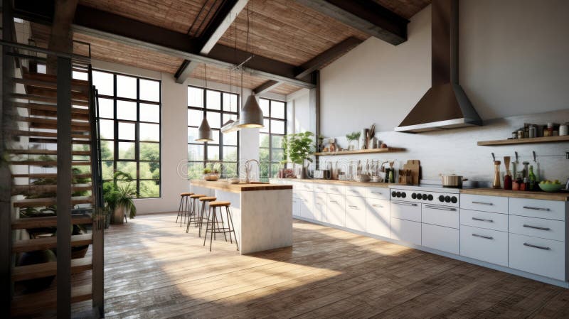 Spacious Loft Style Kitchen with Dining Area. White Facades, Open ...