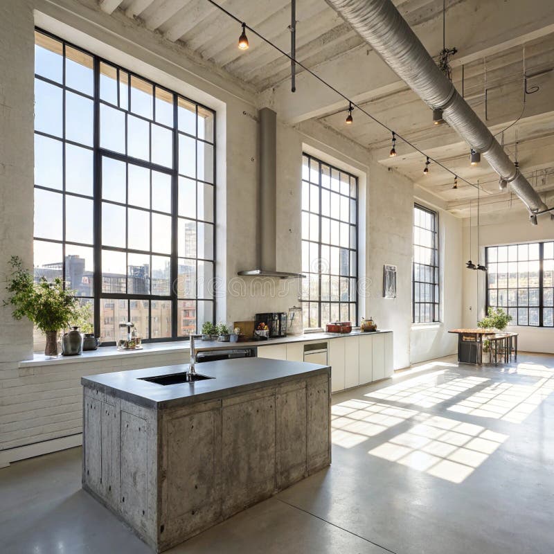 Spacious Loft-Style Kitchen with Large Windows and a Concrete ...