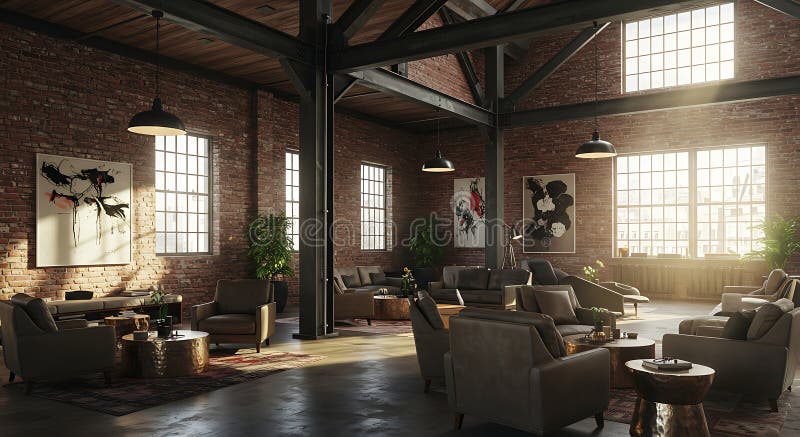 Spacious Lounge Area with Brick Walls and Natural Light Stock ...