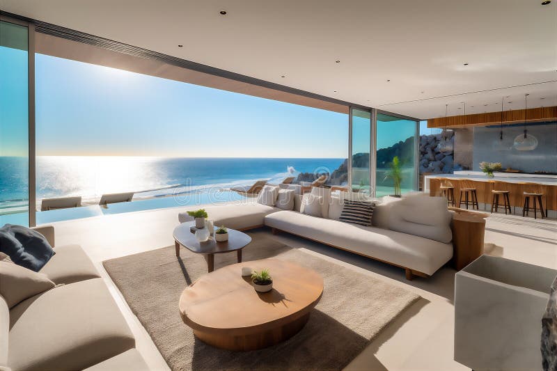 Spacious Lounge Zone in Beach House with Great Sea View. AI Generative ...