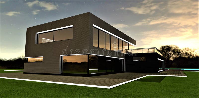 Spacious Low-rise Office Building with Illuminated Facade at Night ...