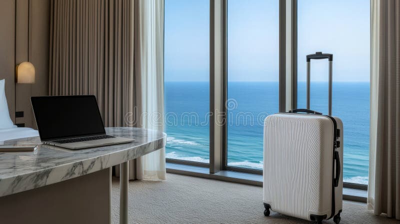 Spacious Luxury Hotel Room with Open Suitcase and Stunning Ocean View ...