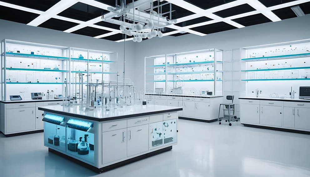 Modern Science Laboratory Interior with Blue Accents Stock Illustration ...