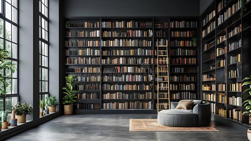 Spacious Minimalist Home Library with Ladder. Concept Minimalist Decor ...