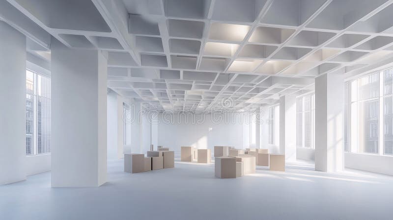 Spacious Minimalist Interior with Boxes and Grid Ceiling Stock ...