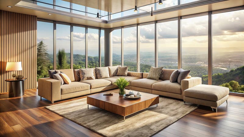 Spacious Minimalist Living Room with Panoramic Views a Modern Beige ...