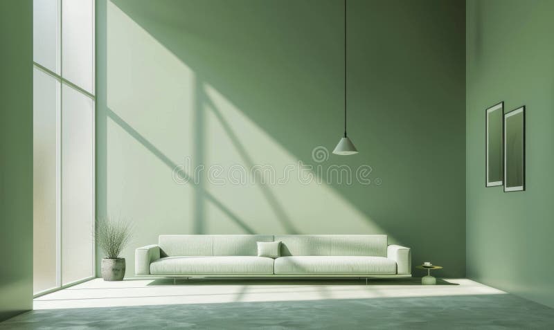 A Spacious Minimalistic Modern Interior with Light Sage Green Walls ...