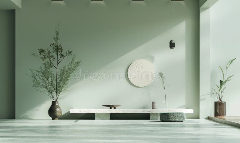 A Spacious Minimalistic Modern Interior with Light Sage Green Walls ...