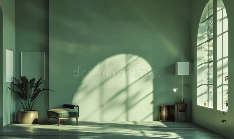 A Spacious Minimalistic Modern Interior with Muted Green Walls, Sleek ...