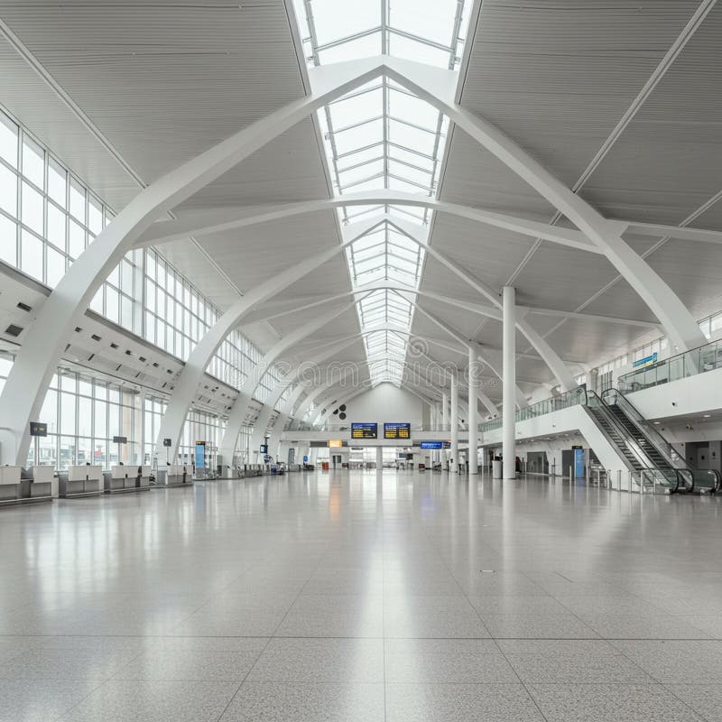 Spacious, Modern Airport Terminal Featuring a High, Arched Ceiling with ...