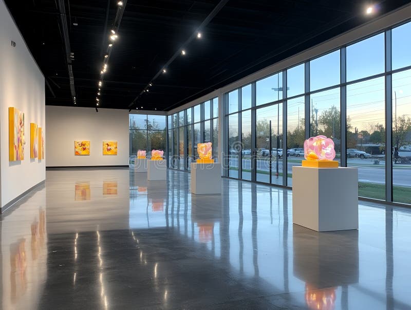 A Spacious Modern Art Gallery with Illuminated Sculptures and Paintings ...