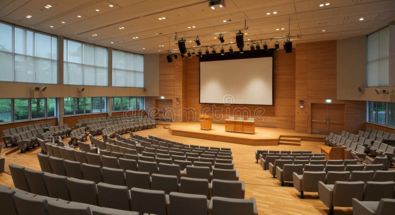 Spacious Modern Auditorium Interior with Grey Seating Stage and ...