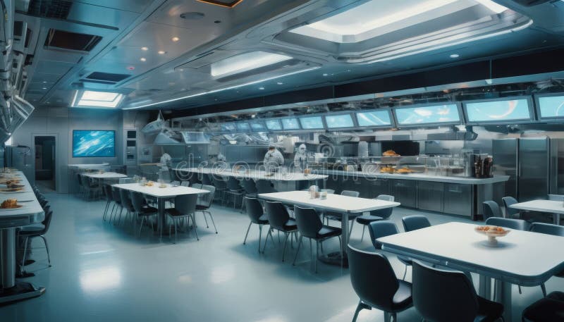 Futuristic Cafeteria in Space Station Setting Stock Image - Image of ...