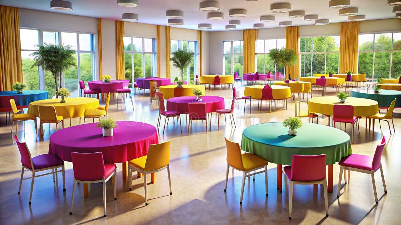 Spacious Modern Dining Hall with Circular Guest Tables Ideal for Events ...