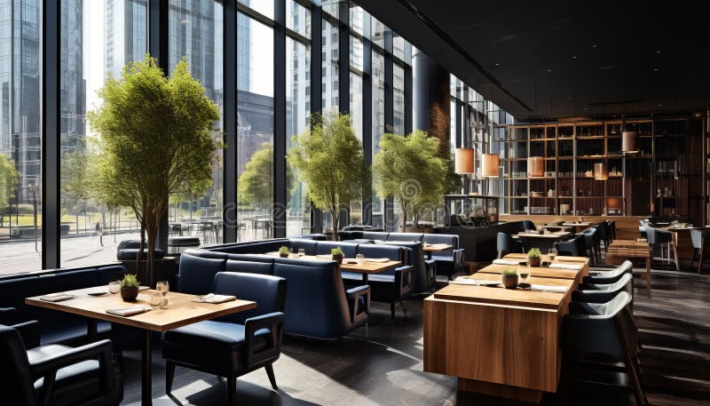 Spacious and Modern Empty Cafe Restaurant with Large Panoramic Windows ...