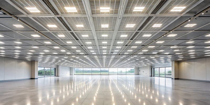 Spacious Modern Empty Hall with Grid Ceiling and Bright Lighting ...