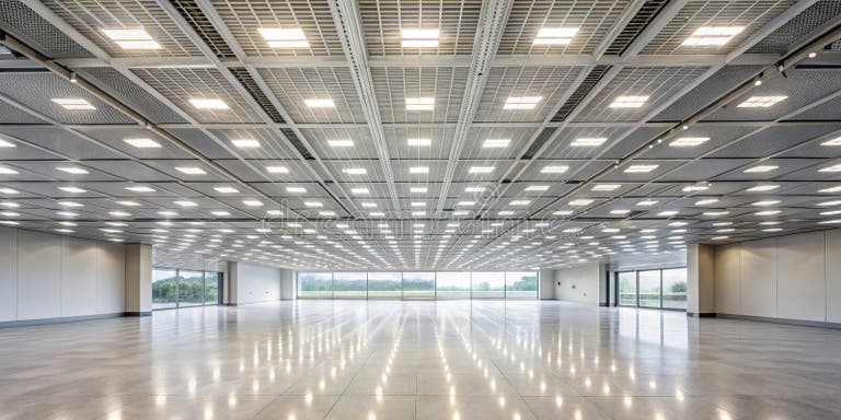 Spacious Modern Empty Hall with Grid Ceiling and Bright Lighting ...