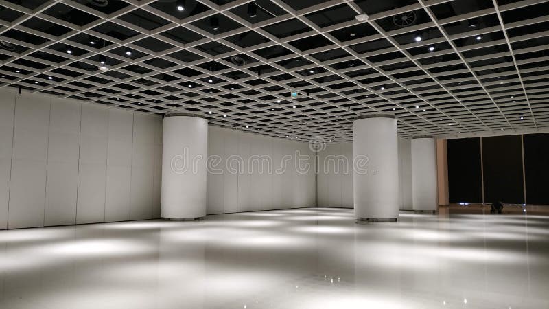 Modern Empty Exhibition Hall with Grid Ceiling and Polished Floor Stock ...