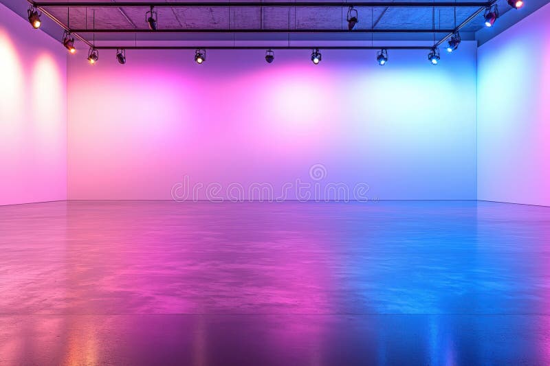 Spacious Modern Gallery Interior with Colorful Ambient Lighting in ...