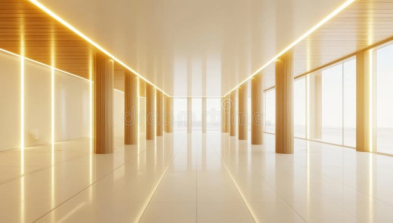 A Spacious and Modern Hall with Wooden Columns, Recessed Lighting, and ...