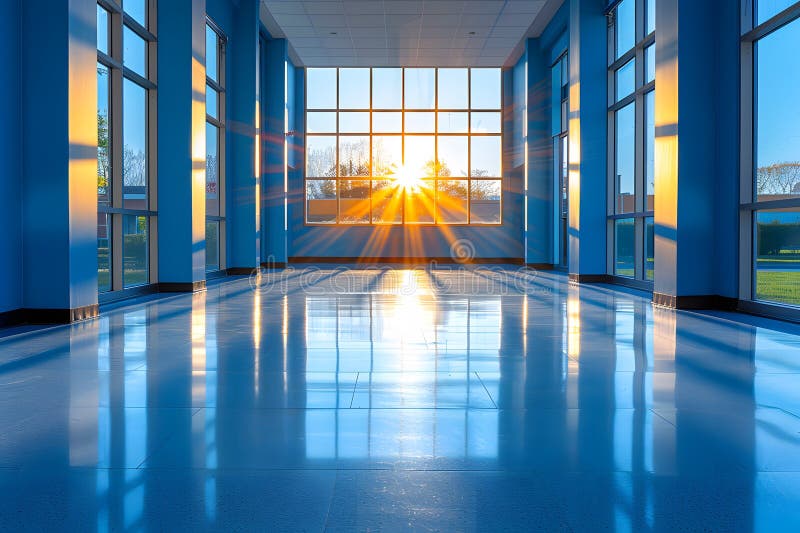 Spacious Modern Hallway with Large Windows at Sunset - Ideal for ...