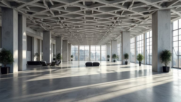 Spacious Modern Indoor Atrium with Geometric Ceiling and Large Windows ...