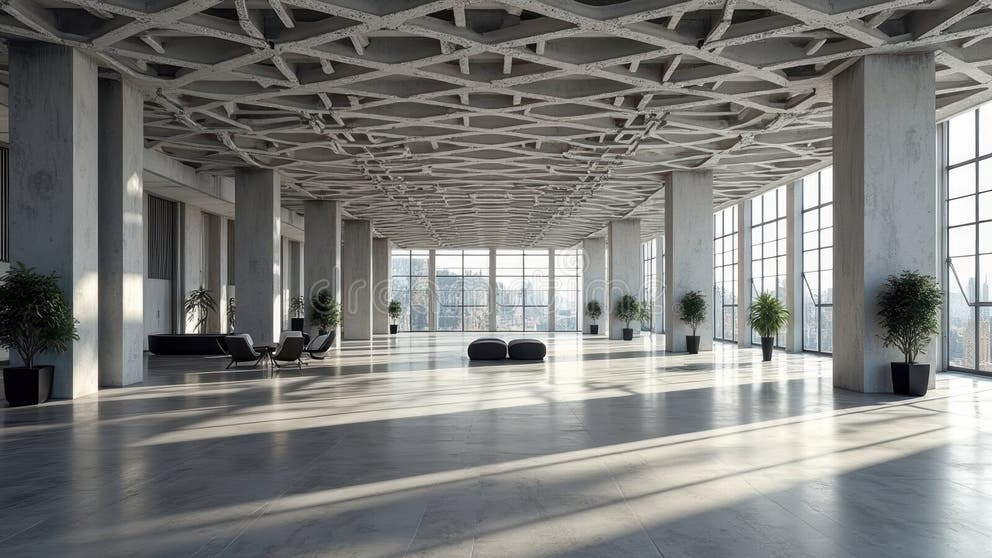 Spacious Modern Indoor Atrium with Geometric Ceiling and Large Windows ...