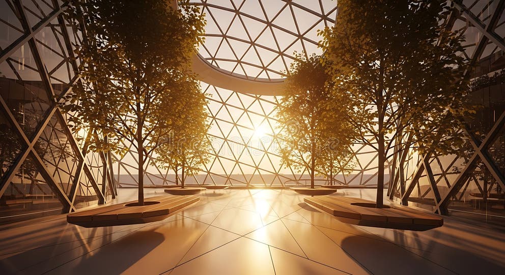 A Spacious, Modern Indoor Space Features a Geodesic Dome Structure with ...