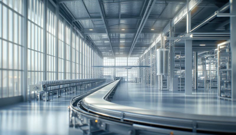 Modern Industrial Interior with Curved Conveyor Belt and Large Windows ...