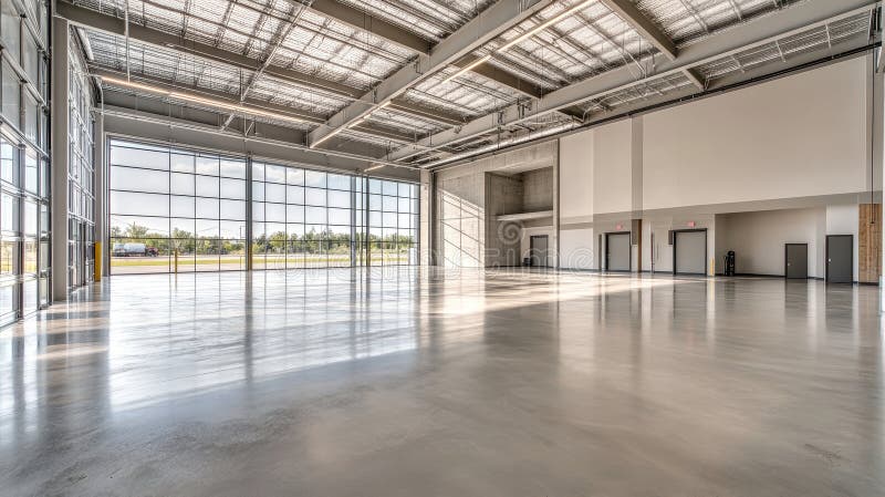 Spacious, Modern Industrial Warehouse Interior with Concrete Floors and ...
