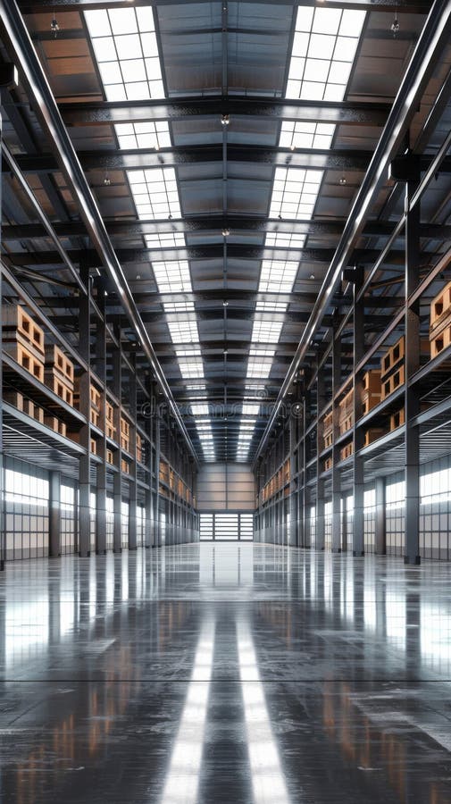 Spacious Modern Industrial Warehouse Interior with High Shelves and ...