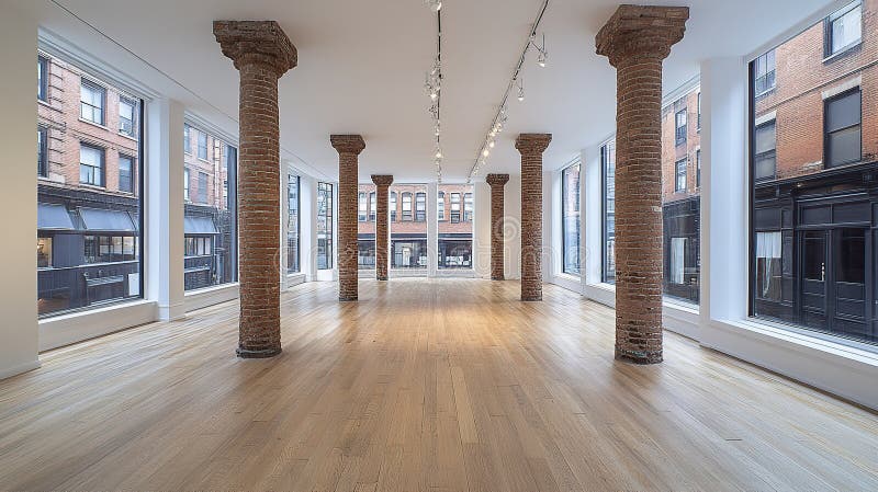 Spacious Modern Interior with Brick Columns and Large Windows Stock ...