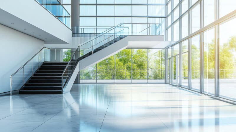 Spacious Modern Interior Featuring Large Windows and Sleek Staircase ...