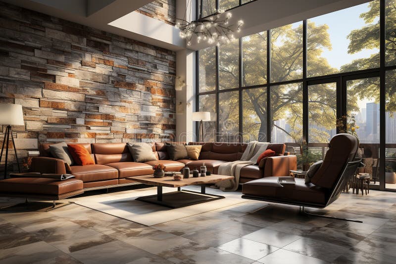 Spacious Modern Interior with a Large Sofa and Loft-style Panoramic ...